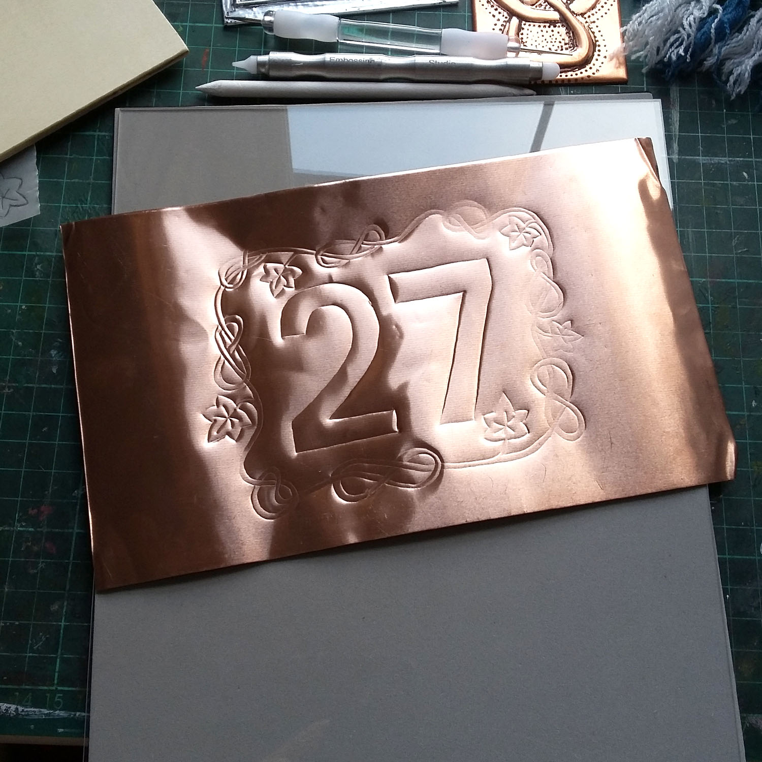 Finished craft project: Metal Embossed House Number – Crafts for Wellbeing